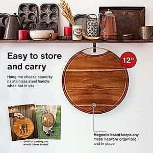 Vintorio Wooden Cheese Board - Round 12" Serving Plate with Handle for Meat, Snacks, Fruit, Desserts, and Charcuterie