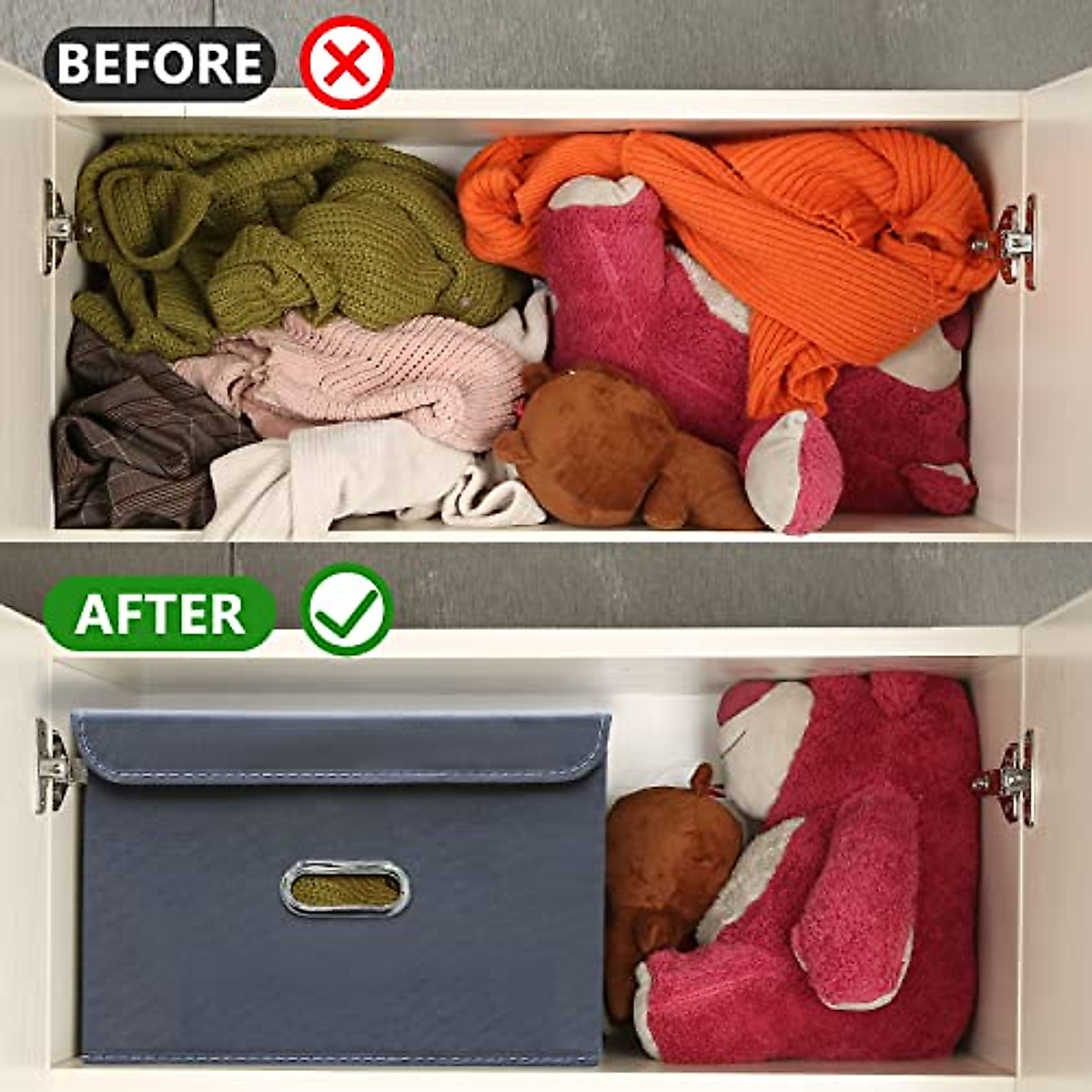 SEVENDOME Linen Fabric Foldable Collapsible Storage Cube Bin Organizer Basket with Lid, Leather Handles, Removable Divider for Home, Closet (Grey, 3Pcs)