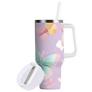 PaChyLuu 30 oz Insulated Tumbler with Handle and Straw Lid, Cute Butterflies Colorful Leak-Proof Stainless Steel Travel Coffee Mug for Car Cup Holder