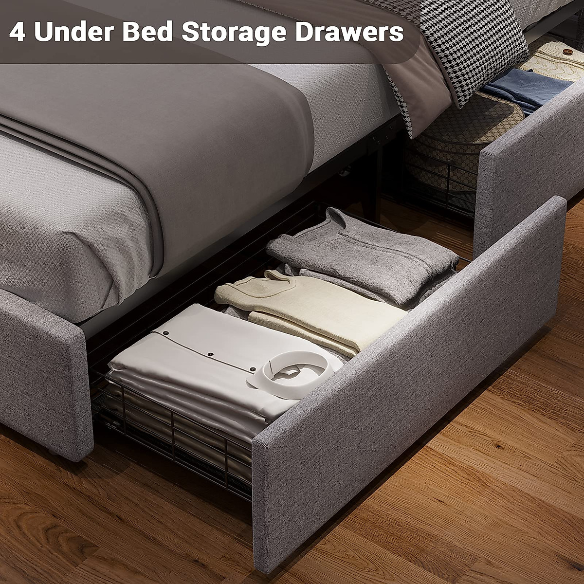 ADORNEVE Queen LED Bed Frame with Drawers Storage, 2 USB Charging Station, Upholstered Platform Bed with Storage & LED Lights Headboard, No Box Spring Needed, Light Grey