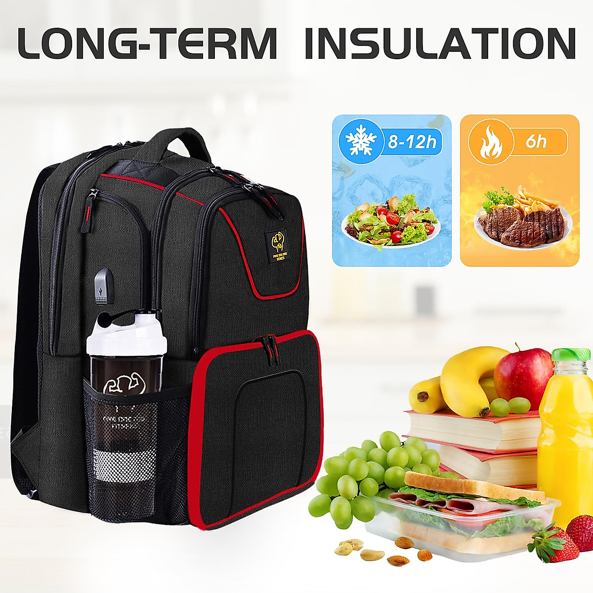519 Fitness Meal Prep Backpack,Insulated Cooler Lunch Backpack with Computer Compartment,Hiking Picnic Cooler Rucksack For Men and Women,3 Meal Containers,2 Ice Packs and Protein Shaker(black)
