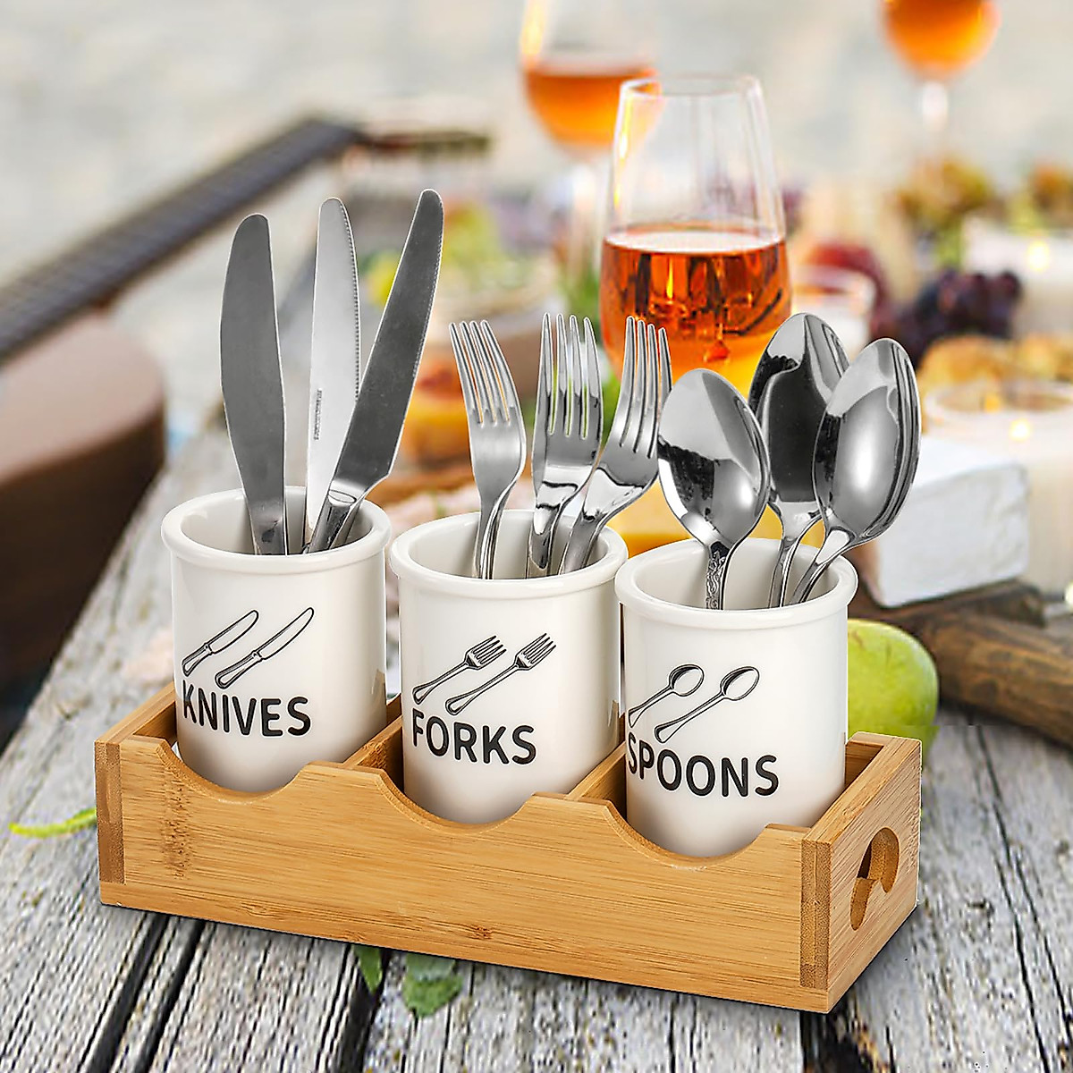 Nicunom Set of 3 Ceramic Flatware Caddy with Bamboo Wood Base, Kitchen Utensil Holder Silverware Organizer for Spoons, Knives and Fork, Farmhouse Decor Kitchen Tool Crocks for Countertop