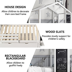 HUMEHA Twin House Bed with Drawers, Kids Platform Bed Frame with Blackboard, Montessori House Bed with Slats and Roof for Teens Girls Boys, 80.1" L x 41.9" W x 72" H, White
