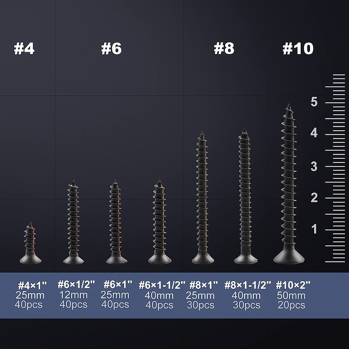 Juasky 240pcs #4#6#8#10 Black Wood Self Tapping Screws, 7 Sizes Bugle Head Metal Screw Set, Long Screw Assortment Kit with Organizer for Drywall,Wood, Deck, Cabinet