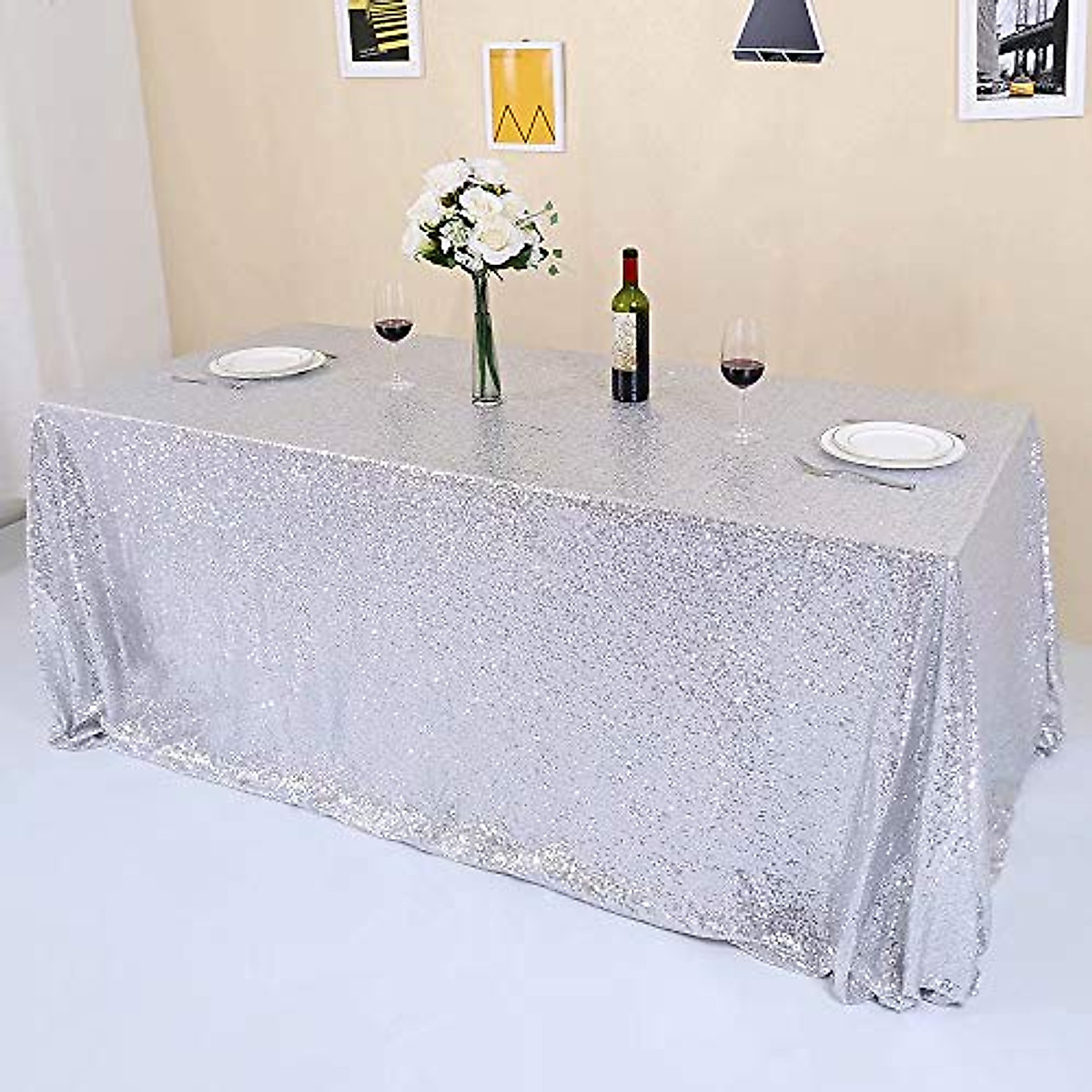 GFCC Glitter Silver Sequin Tablecloth for Party Wedding Banquet 60x120 inch Sparkly Rectangle Table Cloth Cake Table Cover Linen
