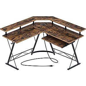 Rolanstar Computer Desk L Shaped with Power Outlet, 54” Reversible L Shaped Computer Desk with Monitor Stand and Keyboard Tray, Home Office Desk with USB Port & Hook, Rustic Brown