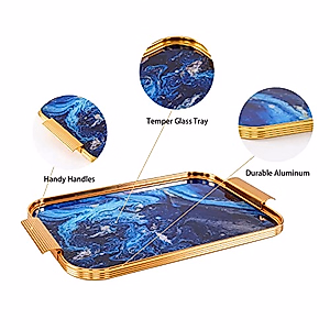 Dalimfun Glass Decorative Tray, Blue Marbling Serving Tray with Handles, Rectangular Coffee Table Tray, Decor Tray for Ottoman, Bar, Vanty, Makeup Perfume Organizer, 15.6 X 10 Inch