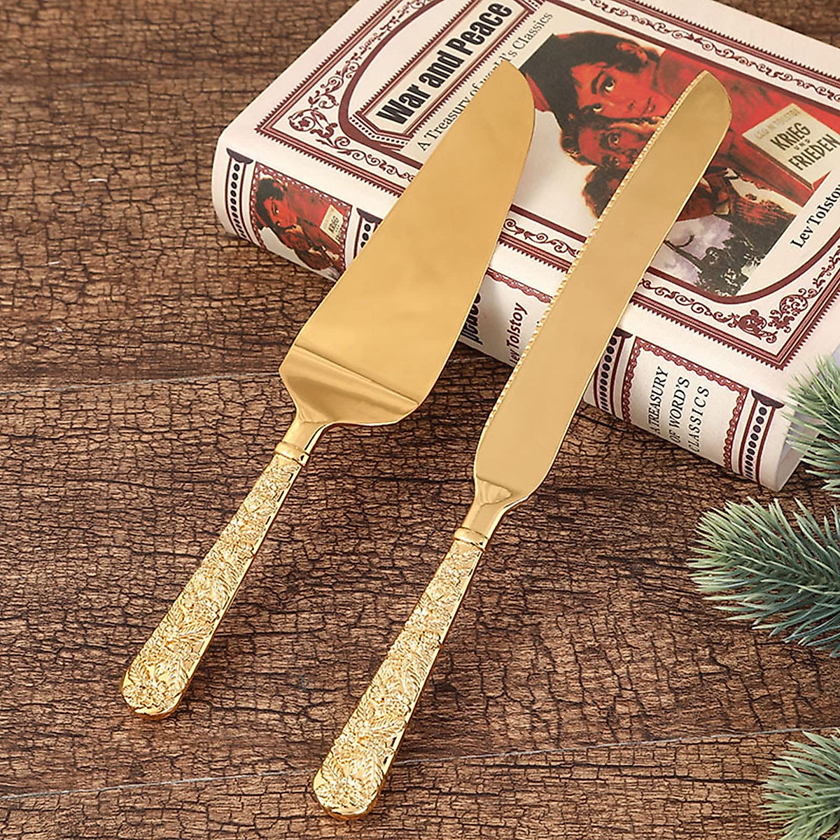 Wedding Cake Knife and Server Set: 2 Pcs Gold Cake Cutting Set, Stainless Steel Vintage Engraved Cake Knife and Server Set, Wedding Cake Cutting Set for Wedding Birthday Parties Christmas (Rose)