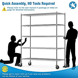 Raynesys Wire Shelving with Wheels, 3000Lbs Heavy Duty NSF-Certified Metal Storage Shelf, Commercial-Grade Adjustable Utility Rack with Shelf Liners Set of 5, 5-Tier 60x24x72 in, Chrome