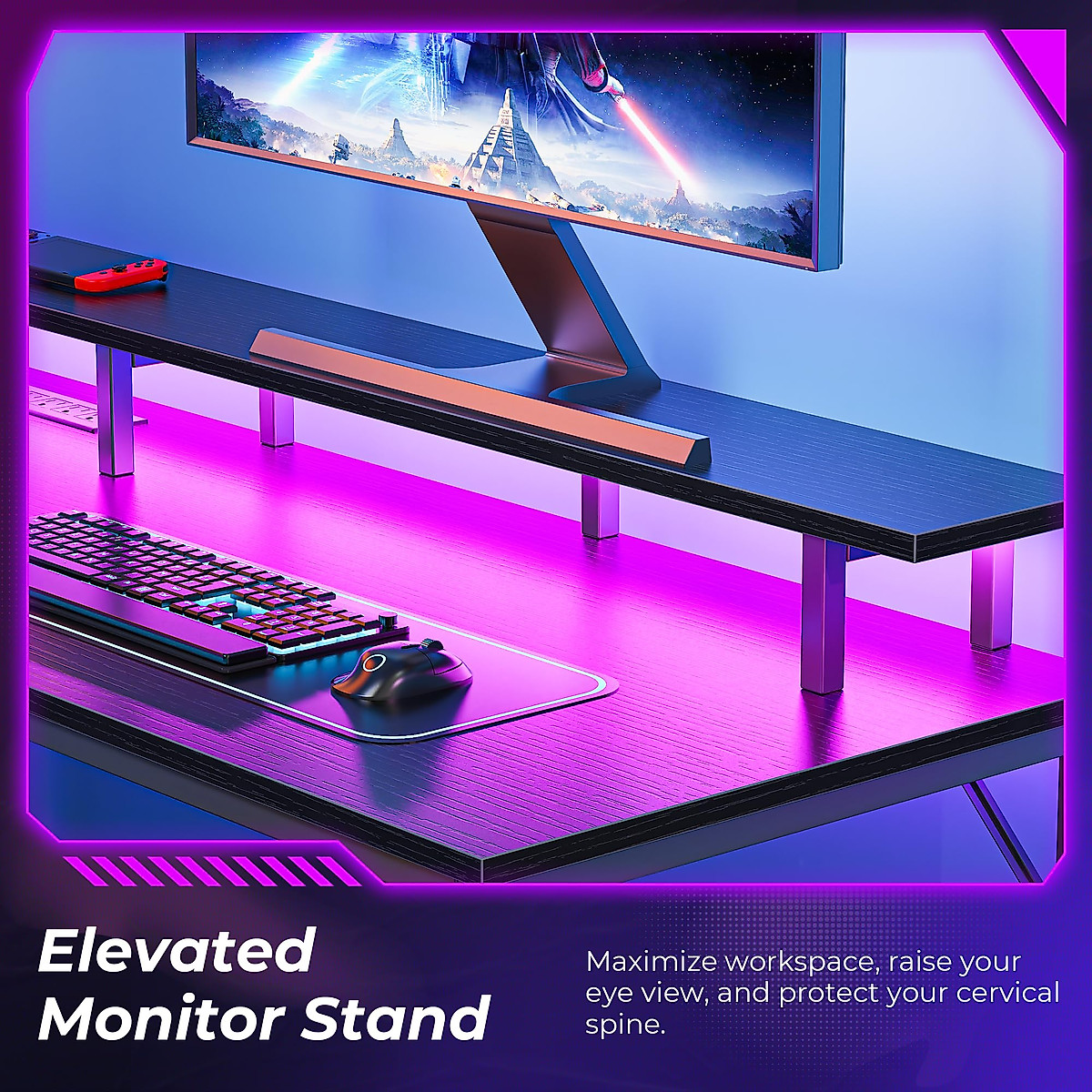 SUPERJARE L Shaped Gaming Desk with Power Outlets & LED Lights, Computer Desk with Monitor Stand & Storage Shelf, Home Office Desk Corner Desk with Hooks, Black