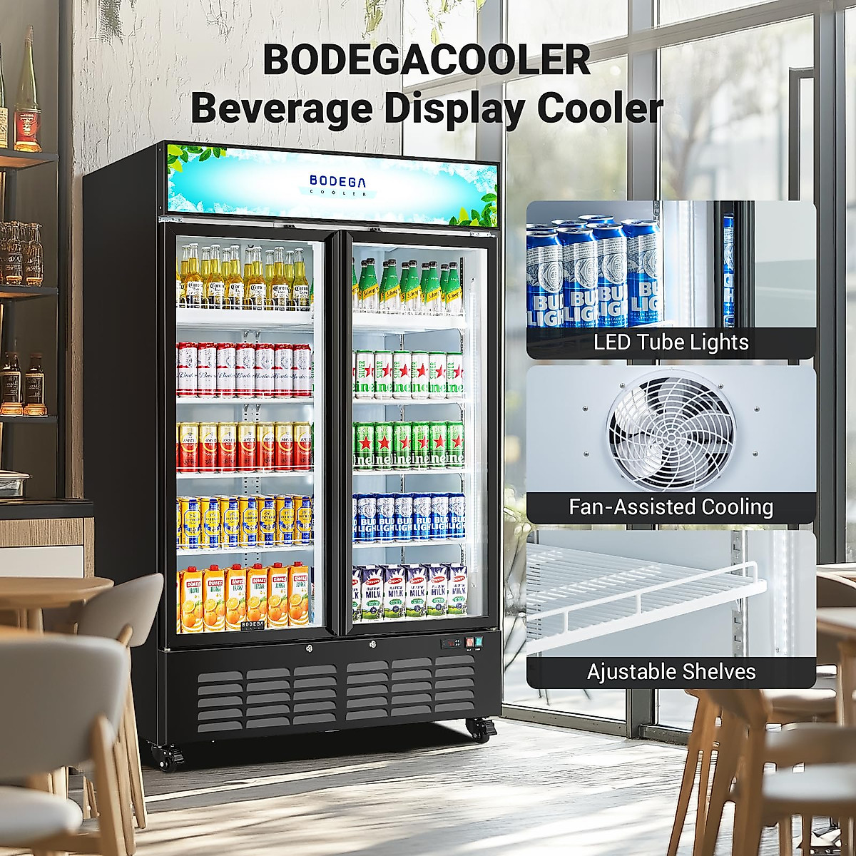 BODEGACOOLER Commercial Merchandiser Refrigerator, 36.3 Cu.Ft Upright Display Beverage Cooler, 2 Glass Door Display Refrigerator with Soft LED Light, Adjustable Shelves, 4 Strong Castors(Black)