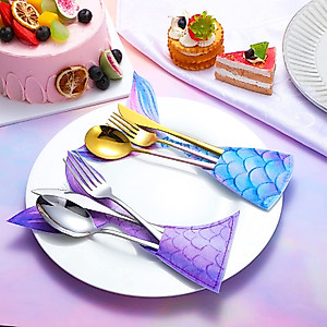 Yaomiao 24 Pack Mermaid Utensil Cutlery Holders Mermaid Tail Shape Pouch Bags Felt Silverware Holder Bag Silverware Organizer Utensil Sleeve for Knife Forks for Mermaid Birthday Party Supplies