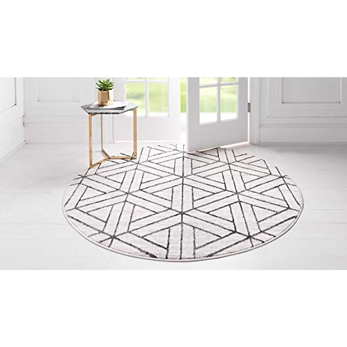 Rugs.com Lattice Trellis Collection Rug – 8 Ft Round White Low-Pile Rug Perfect for Kitchens, Dining Rooms
