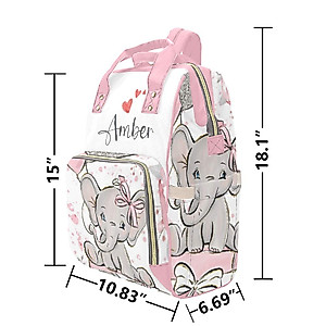 Anneunique Cute Elephant Pink Flowers Diaper Bags Backpack with Name Personalized Baby Bag Nursing Nappy Bag Travel Tote Bag Gifts for Mom Girl, 10.83 x 6.69 x 15 Inch