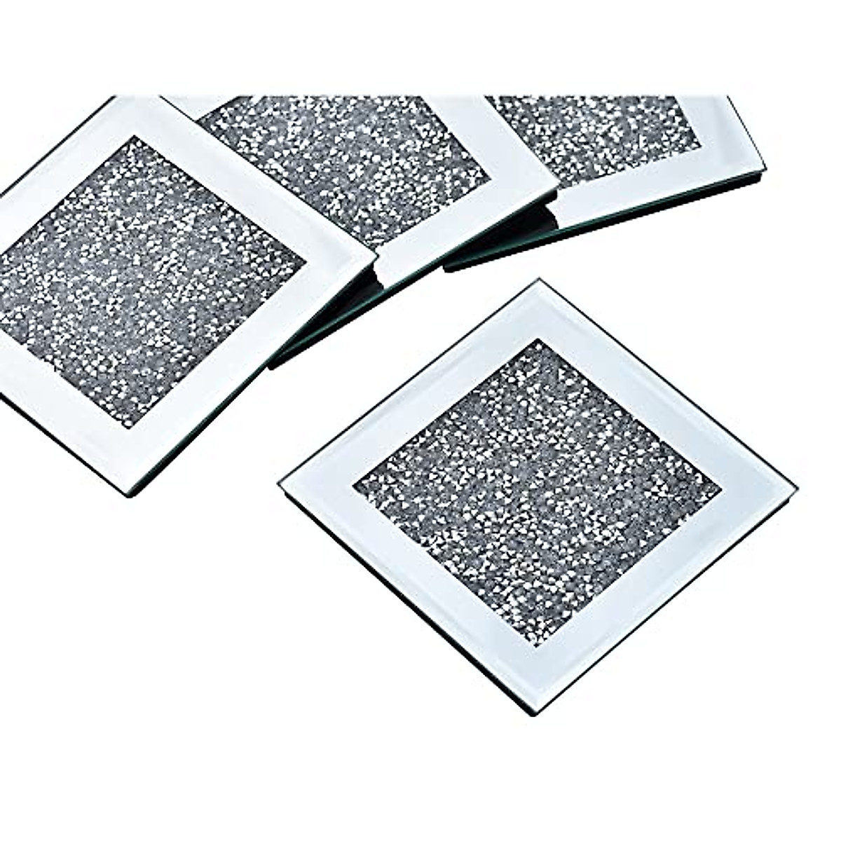 Glass Mirrored Coaster 4 Pack 4x4 inch, Crushed Diamond Cup Mat Decor on Tabletop for Restaurant Kitchen bar Dining Table