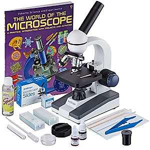 AmScope - 40X-1000X Cordless Student Compound Microscope + Slide Preparation Kit + World of The Microscope Book - M150C-SP14-CLS-50P100S-WM