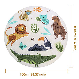 WREWING Round Rug 3.3ft, Cute Animals Large Non Slip Super Soft Plush Area Rug for Kids Room Playroom Nursery Bedroom, Educational Washable Circular Floor Mat for Home Room Decorative (Zoo)