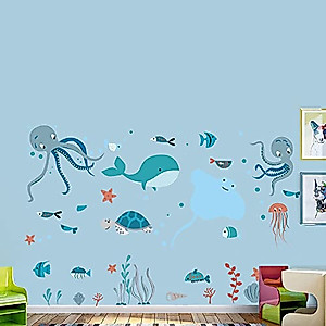 Ocean Fish Wall Decals Under The Sea Wall Decals Stickers with Whale Octopus Stingray Sea Stars Turtle Shells and Sea Kelps for Kids Room Daycare Classroom Playroom
