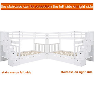 Harper & Bright Designs Stairway Twin Over Twin/Full Bunk Bed with Twin Size Trundle and Drawers, Solid Wood Bunk Bed Staircase Can be Placed on The Left or Right Side (White)