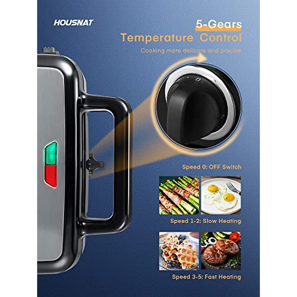 HOUSNAT 3 in 1 Sandwich Maker, Waffle Maker with Removable Plates, 1200W Panini Press with Interchangeable Non-Stick Plates, Indicator Lights, 5-gear Temperature Control, Silver/Black