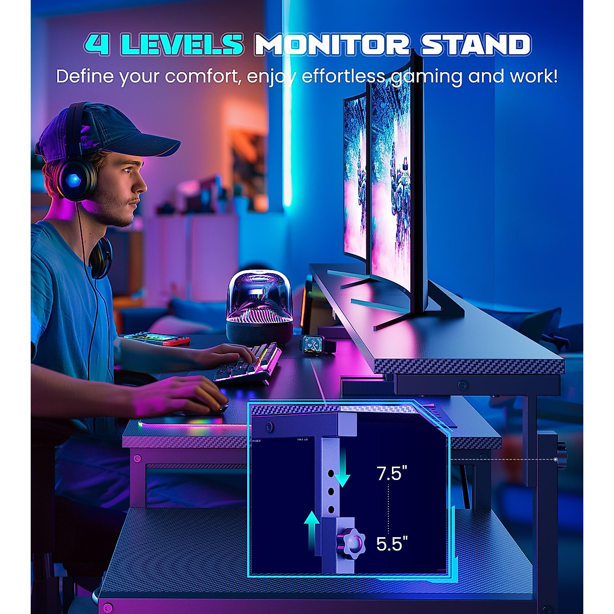 DOMICON Computer Desk 72" L Shaped Desk with Power Outlets, Gaming Desk with LED Lights & Long Adjustable Monitor Stand, Corner Desk with Storage, Cup Holder & Headset Hooks (Black Carbon Fiber)