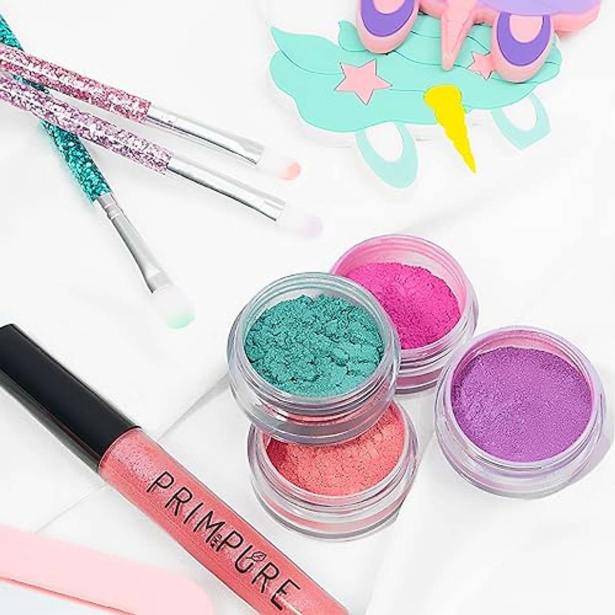Prim and Pure Mineral Gift Set with Unicorn Mirror| Perfect for Play Dates & Birthday Parties | Kids Eyeshadow Makeup – Mineral Blush | Organic & Natural Makeup Kit for Kids| Made in USA (Pink)
