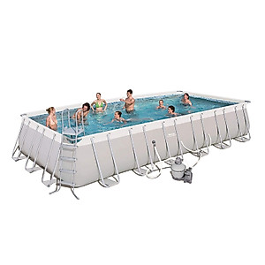 Bestway 24ft x 12ft x 52in Rectangular Frame Family Swimming Pool and Test Kit with Alloy Steel, Heavy Duty PVC, Blue, Gray, and White