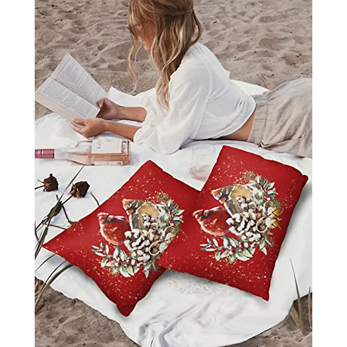 LBDOMOV Christmas Outdoor Throw Pillow Covers Cases for Patio Furniture Set of 2,Xmas Red Gold Winter Snowy Bell Pine Waterproof Decorative Lumbar Pillowcases for Garden Tent Balcony 12x20 Inch