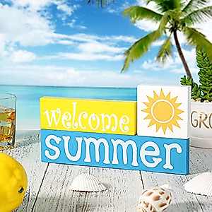 3 Pieces Wooden Welcome Summer Blocks, Farmhouse Wood Welcome Summer Tiered Tray Decor, Rustic Sun Wooden Sign Table Decor for Summer Desk Shelf Window Tiered Tray