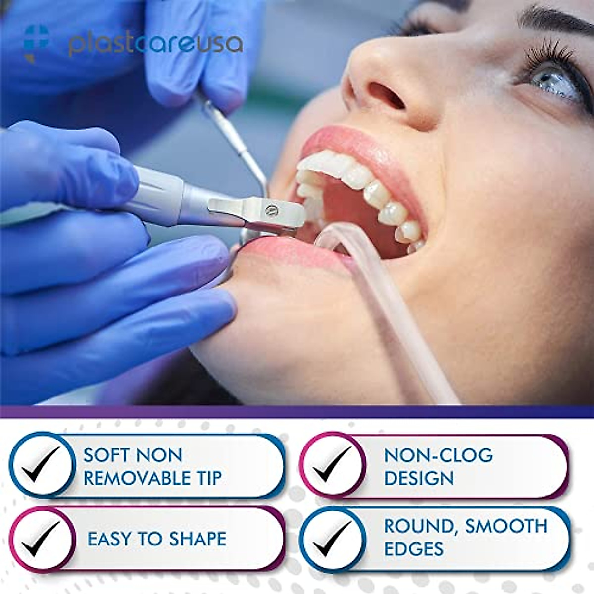 100 Dental Saliva Ejectors Disposable - Medical Grade Latex Free Evacuation Suction Tips - Flexible Clear Tube with Blue Tip (100 Pack) by PlastCare USA