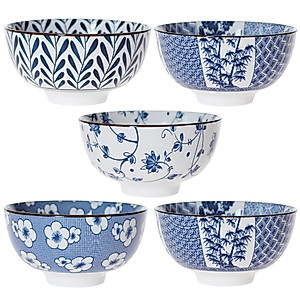 Gegong 5 Pack Ceramic Bowls, Japanese Style Rice Bowls, 24 Ounces Thickening Blue and white porcelain bowls, Cereal Bowls for Kitchen, Suitable for microwave, ovens, dishwashers (mixing)