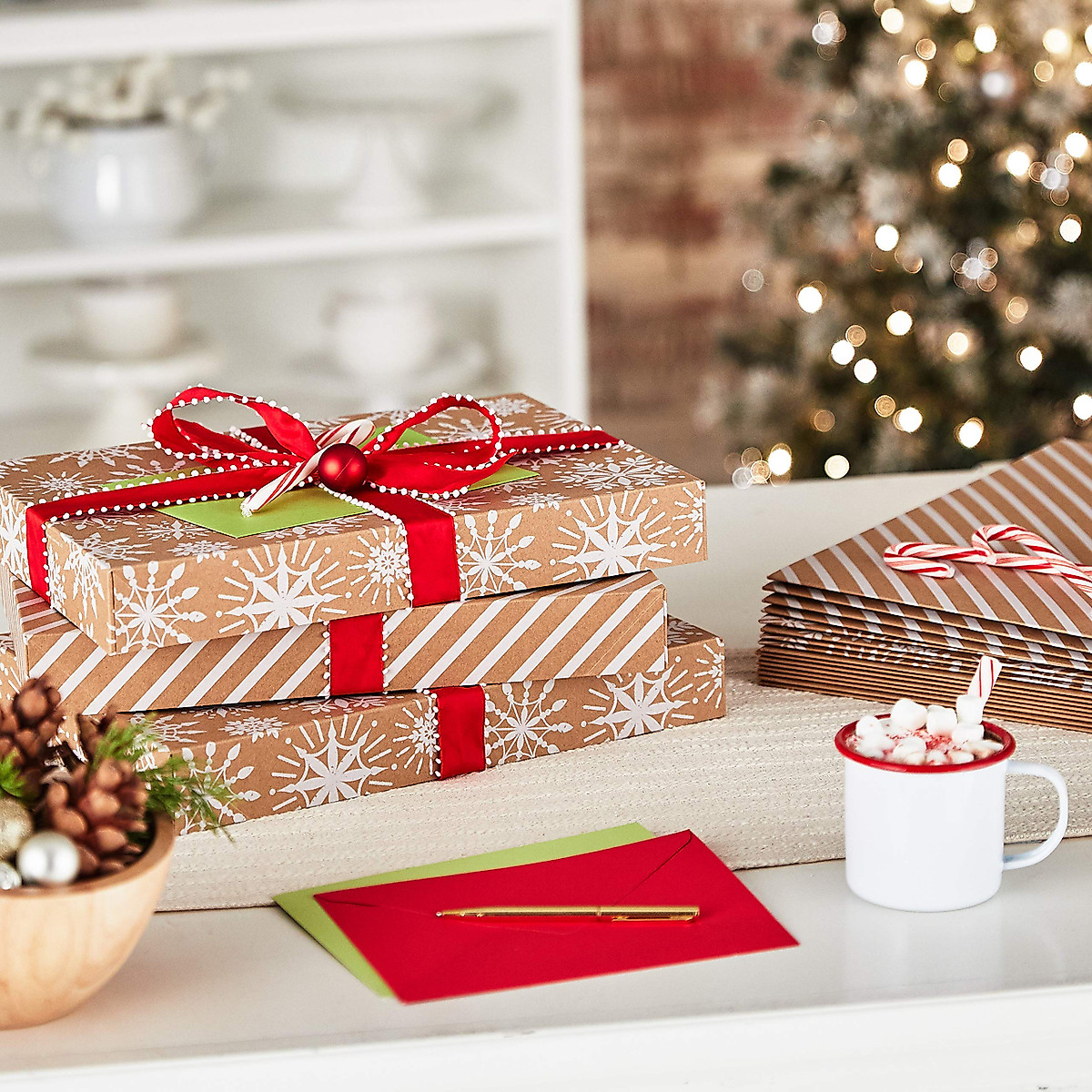 Hallmark Kraft Shirt Box Bundle (12 Boxes: White Snowflakes and Stripes on Kraft) for Christmas, Hanukkah, Birthdays, Weddings and More