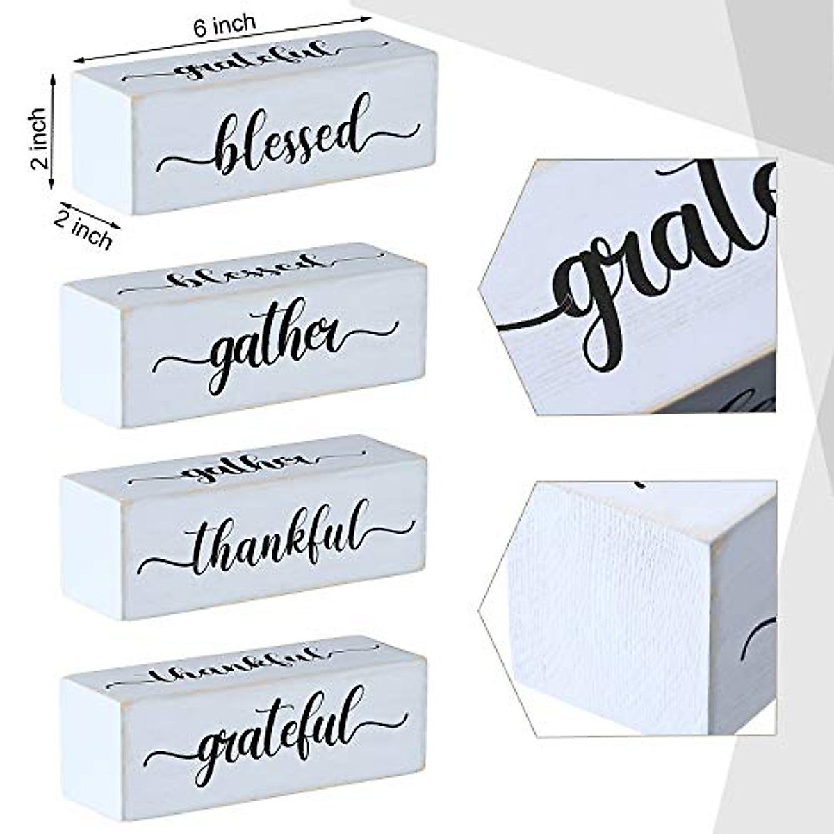 Four-Sided Inspirational Block Sign Rustic Wooden Blessed Gather Thankful Grateful Sign Tabletop Block Decor for Office Home Farmhouse Tabletop, Bookshelf, Tiered Tray Decor