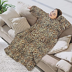 Warmie- Cozy Blanket with Sleeves Super Soft Fleece Warm Cozy Hands Free Reading Surfing Internet Watching Tv (Leopard 70" X 50")
