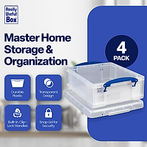 Really Useful Box 4 Pack Storage Bins, Clear Plastic Stackable Organizing Totes, 8.1 Liter