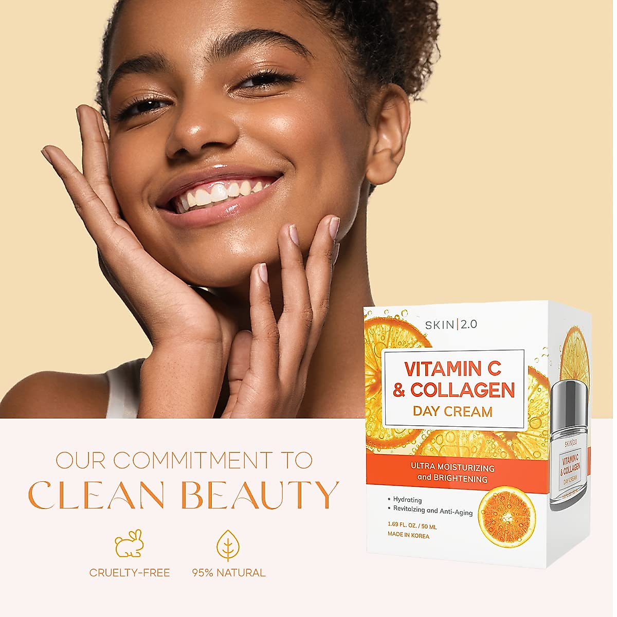 Skin 2.0 Vitamin C & Collagen Face Moisturizer - Dermatologist Tested, Anti-Aging, Skin Tightening - Brightening, Clean Beauty, Cruelty-Free, Korean Skincare for All Skin Types - 1.69 Fl oz