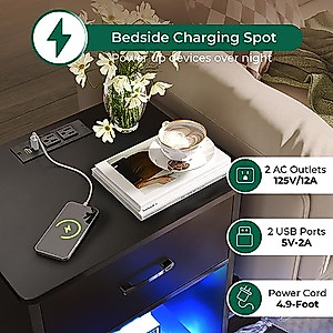 SUPERJARE L Shaped Gaming Desk with Power Outlets & LED Lights and Nightstands Set of 2 with Charging Station & LED Light Strips, Black