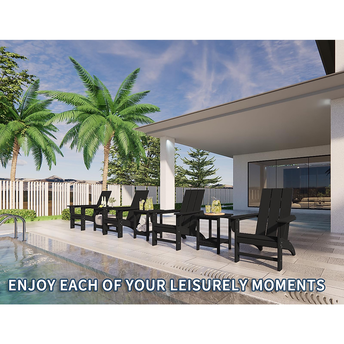 Modern Adirondack Chairs Set of 8, Poly Lumber Patio Chairs, Pre-Assembled Weather Resistant Outdoor Chairs for Pool, Deck, Backyard, Garden, Fire Pit Seating, Black