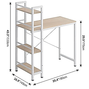 4NM 35" Small Computer Desk with 4-Tier Bookshelf, Home Office Desk Writing Workstation Study Table Multipurpose for Small Space Work - Natural and White