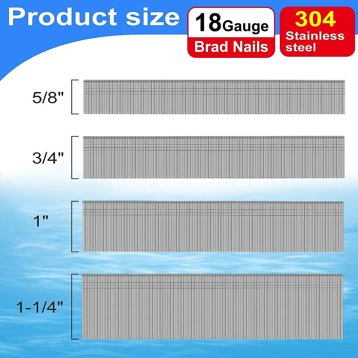 SimCos 18 Gauge 304 Stainless Steel Brad Nails (1-1/4",1",3/4",5/8 inch) 2000 pcs 18 GA Nail Gun Nails Assorted and Small Finishing Nails for Pneumatic, Electric Brad Nailer