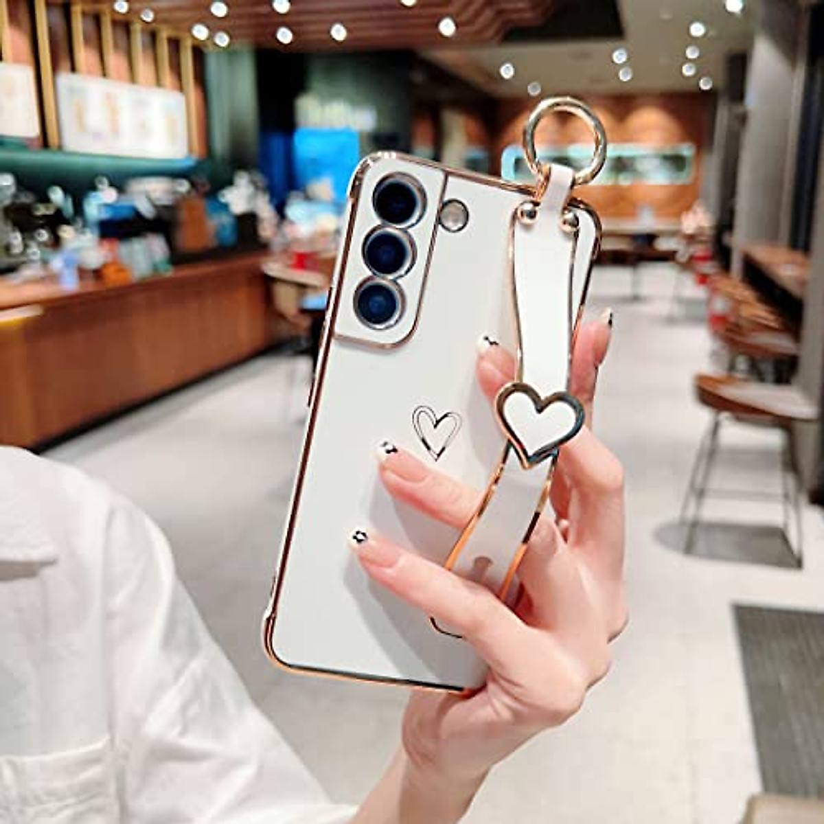 ZTOFERA Designed for Samsung Galaxy S21 Plus 5G Case with Wristband,Plating Edge Love Hearts Pattern Hand Strap Finger Holder Kickstand Case,Soft Shockproof Cover for Girls Women,White