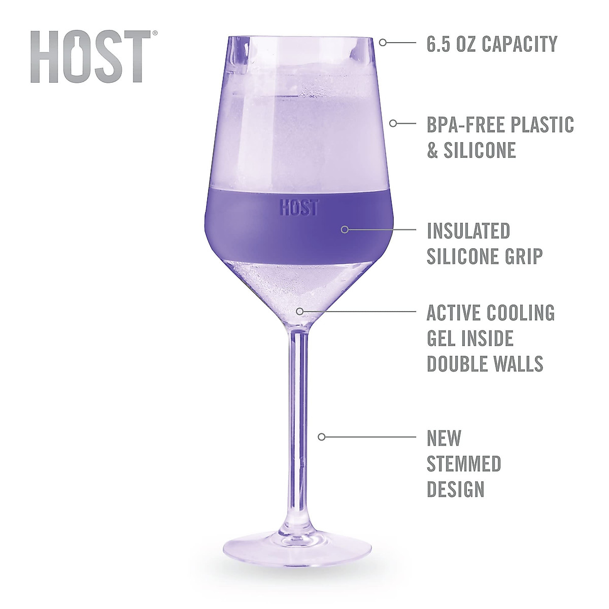 Host Wine Freeze Double-Walled Stemmed Wine Glasses Cooling Cups with Active Cooling Gel and Insulated Silicone Grip, 6.5 Oz Plastic, Tinted, Set of 4