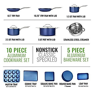 Granitestone Pots and Pans Set Nonstick, 15 Pc Cookware Set & Bakeware Set, Complete Kitchen Cookware Set, Long Lasting Mineral Nonstick Coating, Stay Cool Handles, Ultra Durable, 100% Toxin Free–Blue