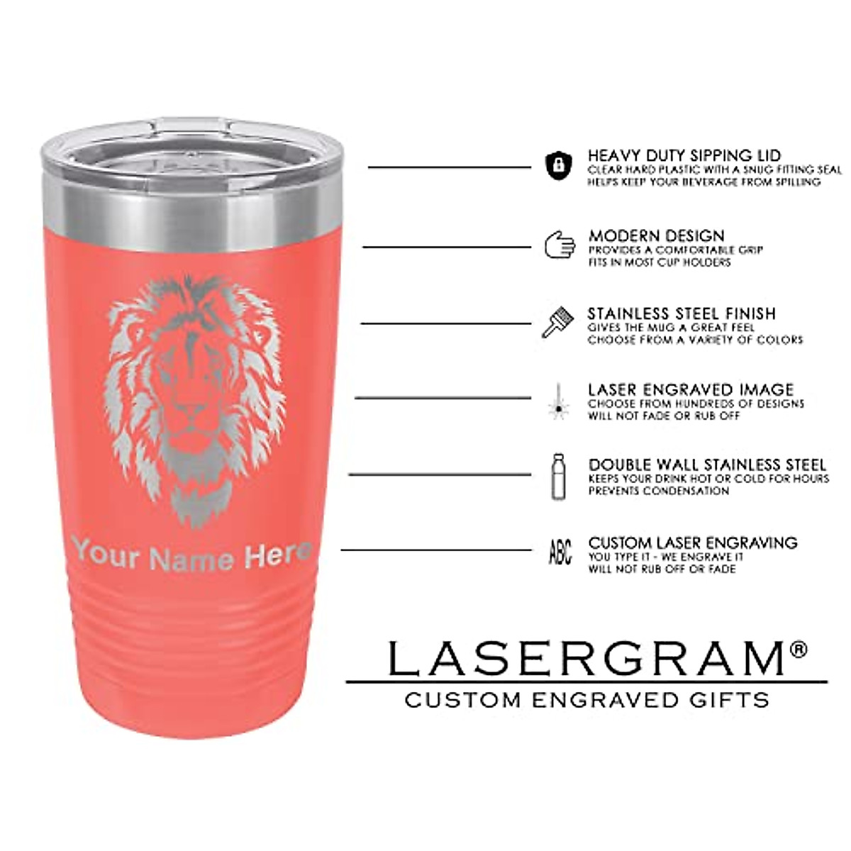 LaserGram 20oz Vacuum Insulated Tumbler Mug, Marlin Fish, Personalized Engraving Included (Coral)