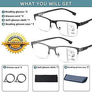 Bifocal Reading Glasses for Men, No Line Bifocals Progressive MultiFocus Readers, Wide Clear Top Transition Non Prescription Multifocal Eyeglasses,Large Anti Blue Light Multi focals Half Frame +2.5