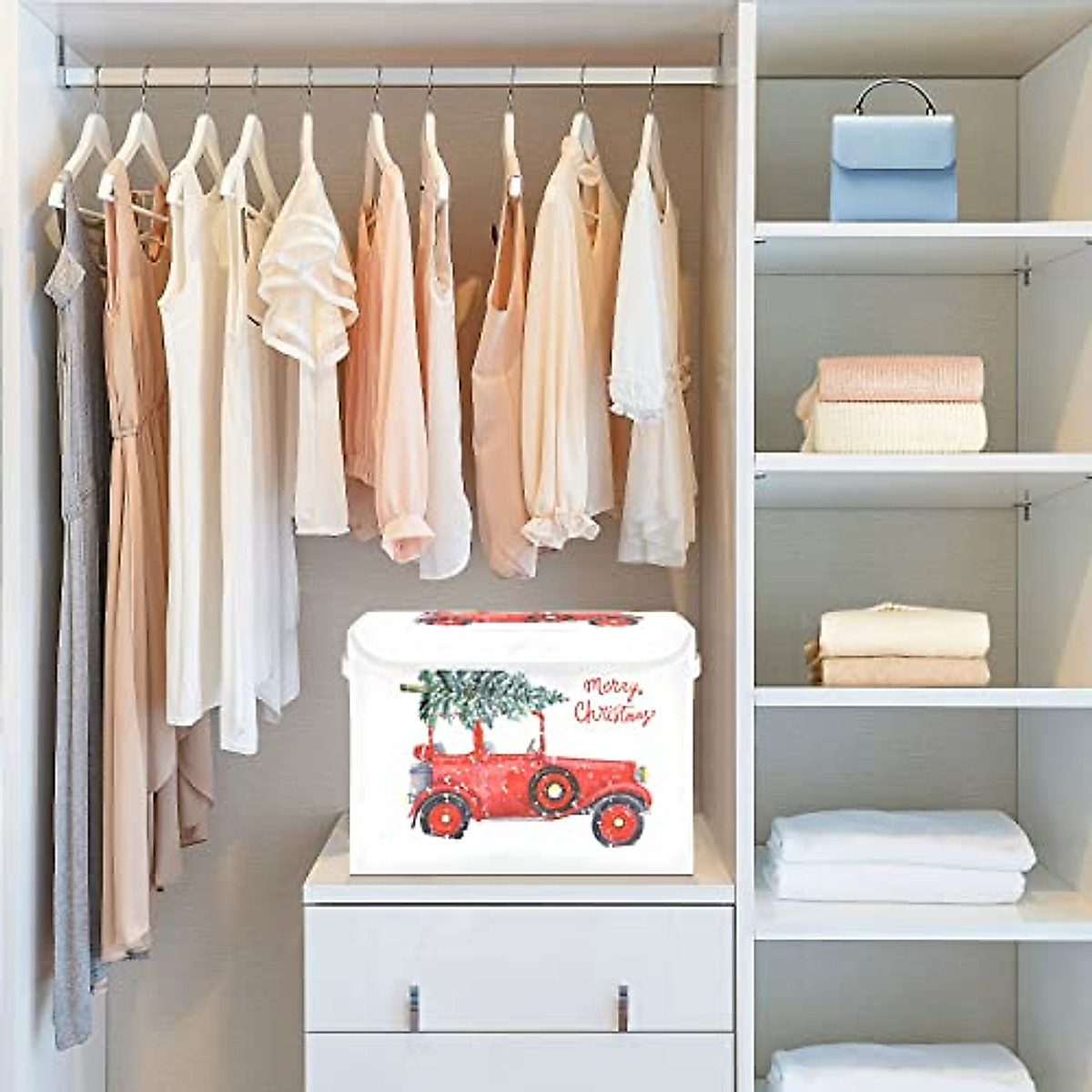 CaTaKu Retro Truck Tree Storage Bins with Lids and Handles, Fabric Large Storage Container Cube Basket with Lid Decorative Storage Boxes for Organizing Clothes