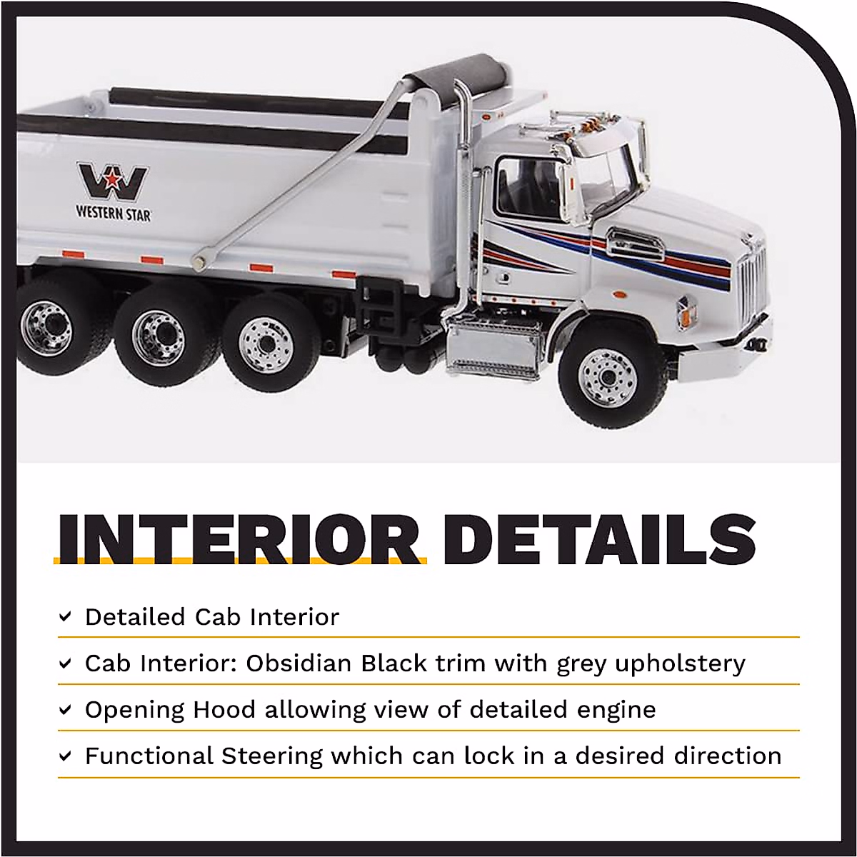 Diecast Masters Western Star 4700 SB Dump Truck - White | Real Truck Specifications, Tandem with Lift Axle and Dump | 1:50 Scale Model Semi Trucks | Diecast Model 71034