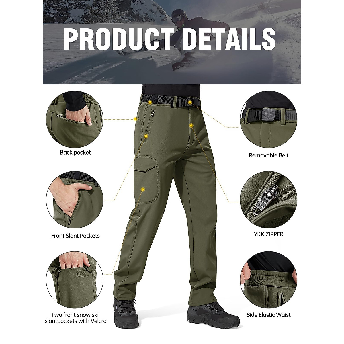 FREE SOLDIER Men's Outdoor Softshell Fleece Lined Cargo Pants Snow Ski Hiking Pants with Belt (Army Green 34W x 30L)