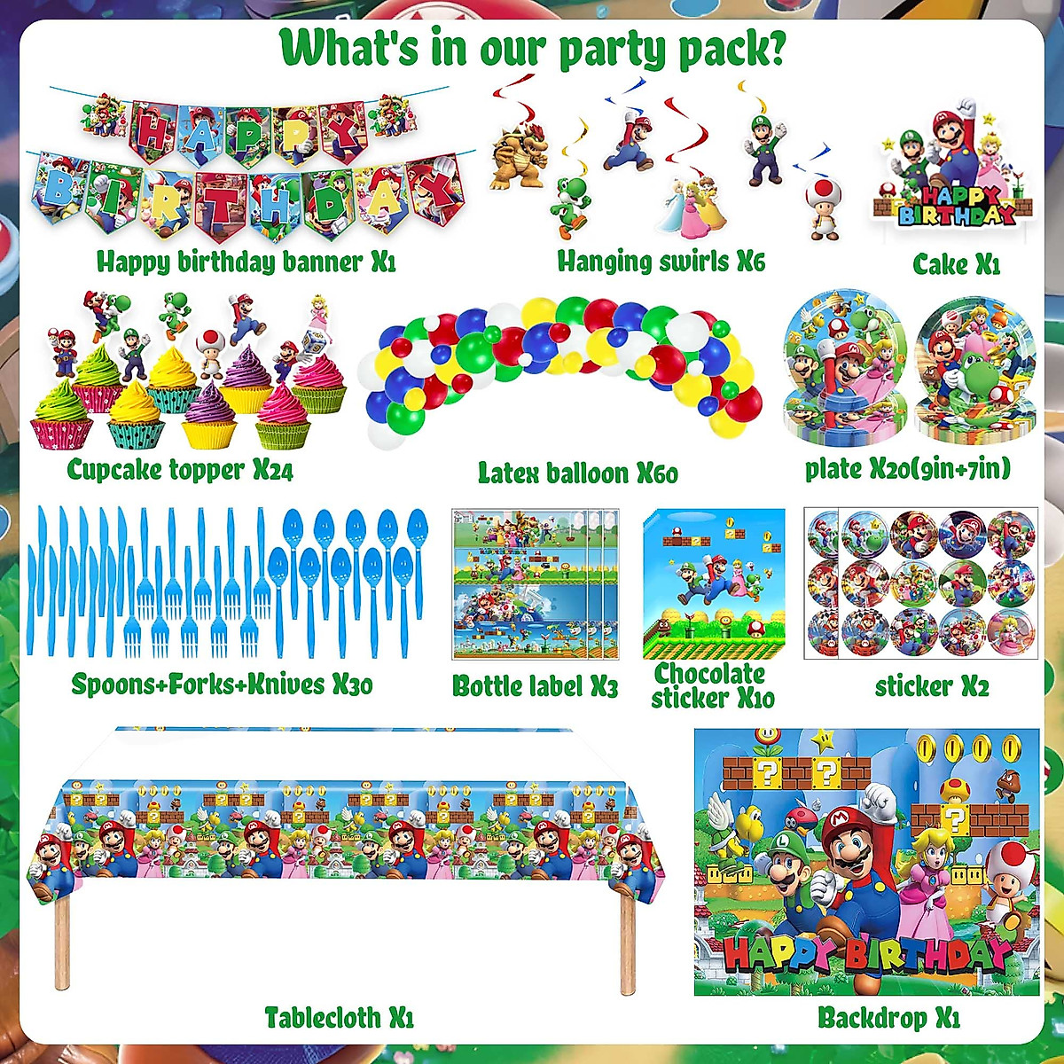 Mario Birthday Party Supplies, Mario Bros Party Decorations Include Banner, Hanging Swirls, Backdrop, Tableware, Cake Toppers, Bottle Labels, Chocolate Stickers