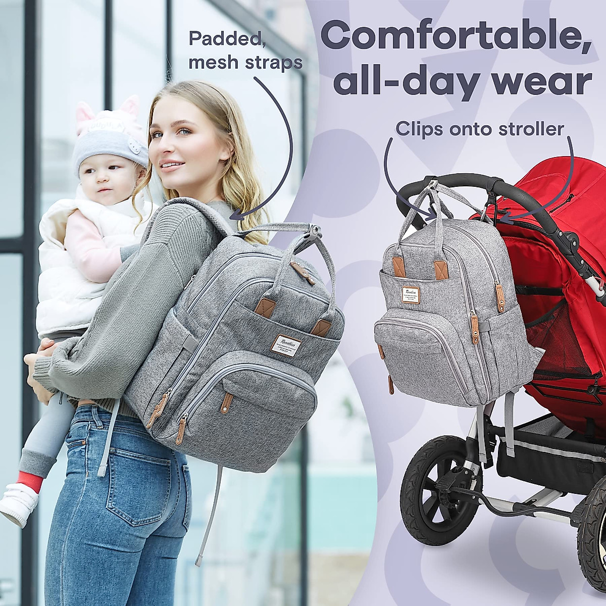 RUVALINO Diaper Bag Backpack, Stroller Hooks, Multifunction Travel Baby Back Pack with Changing Pad, Universal Stroller Clips for Mom Girls